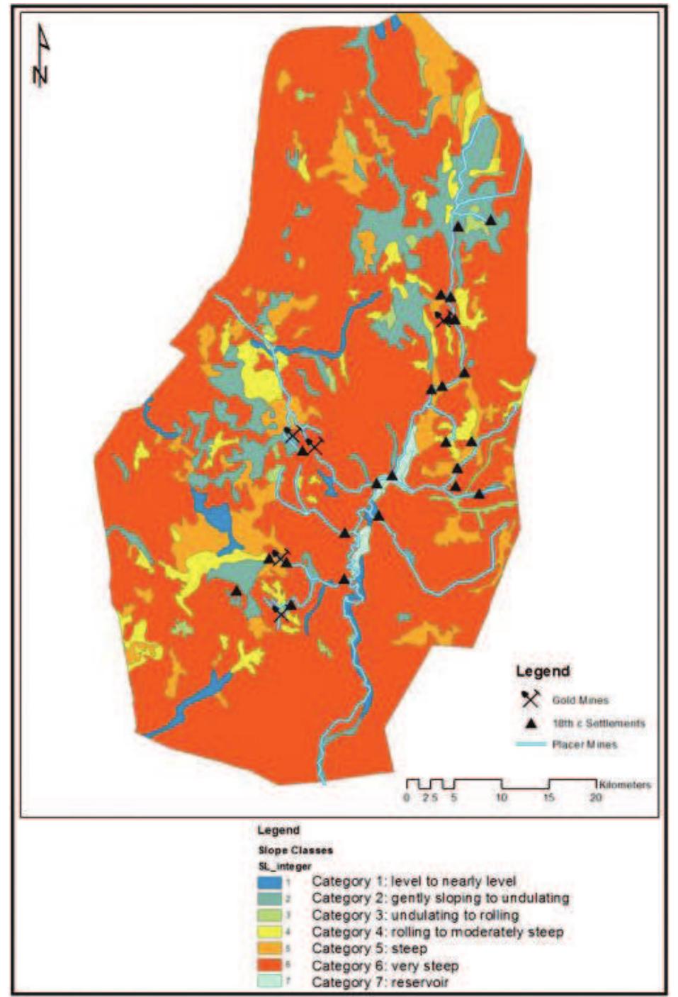 Raster map showing seven categories based on slope. note