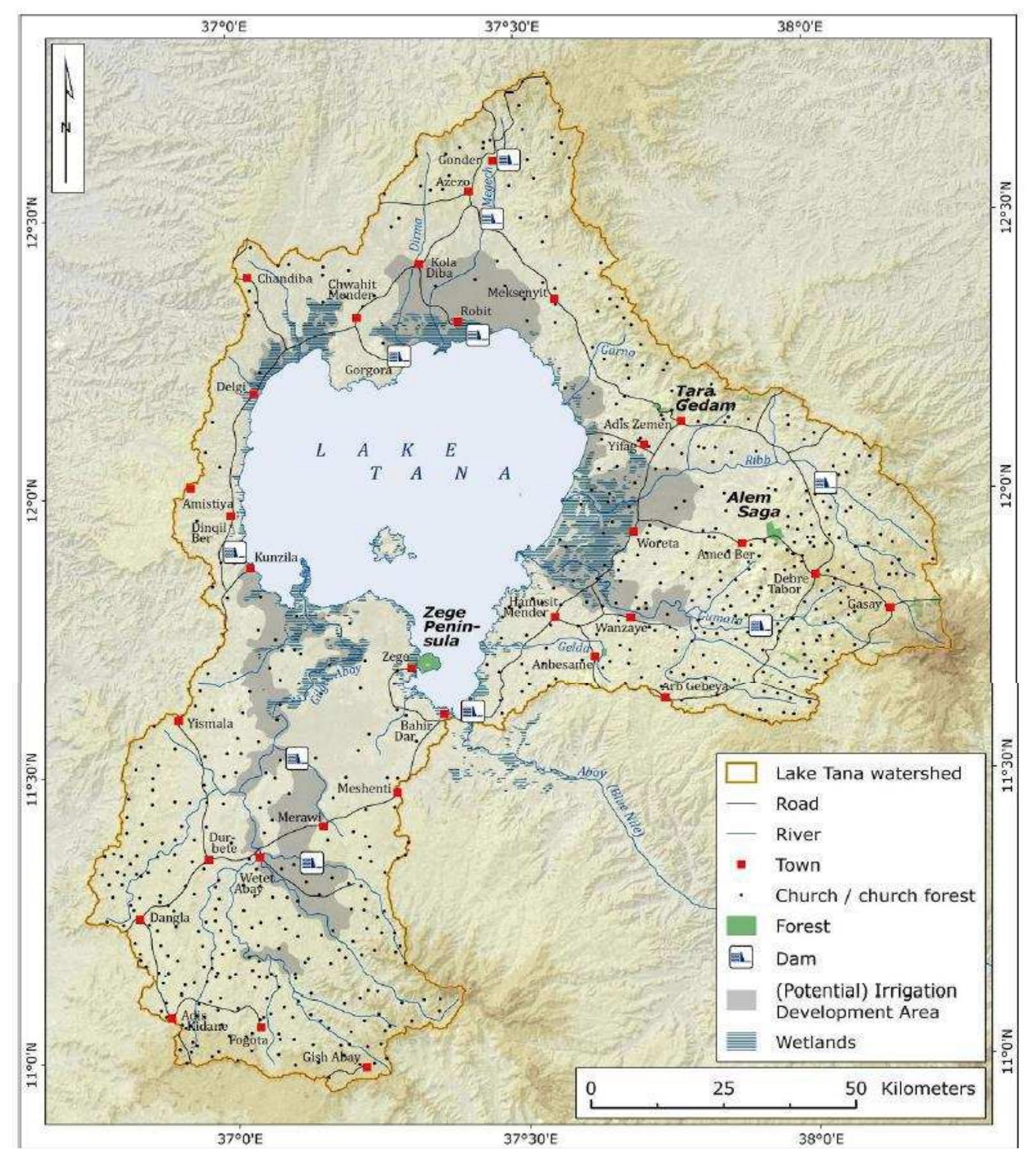 Map of lake tana showing dam construction sites, water pump
