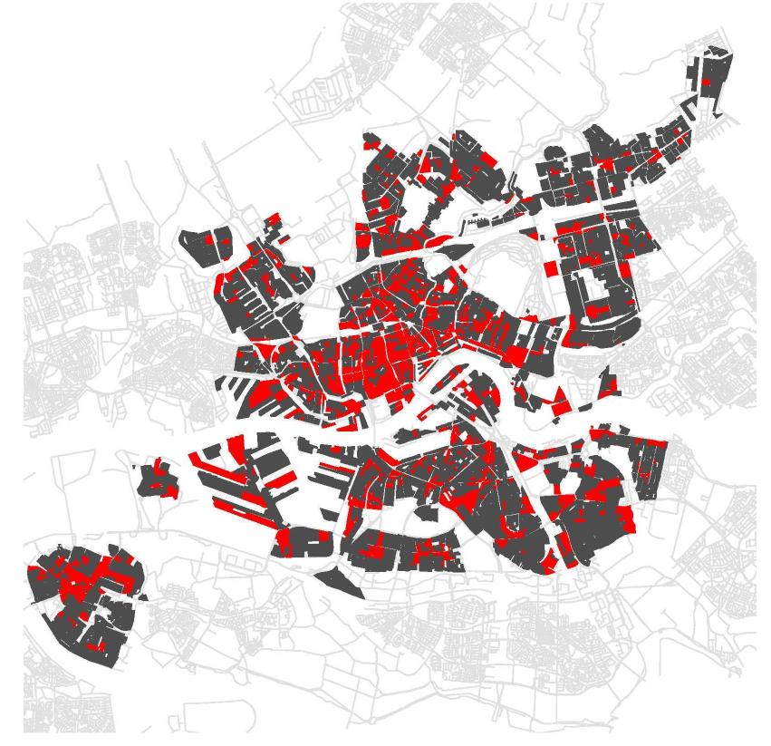Mono-functional blocks (black) and mixed-use blocks (red).