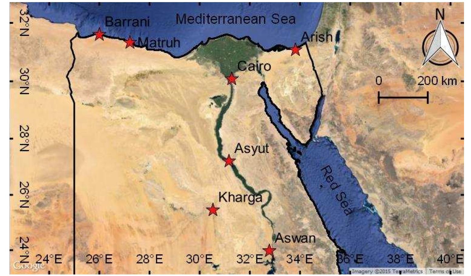 Map showing the locations and surroundings of the seven