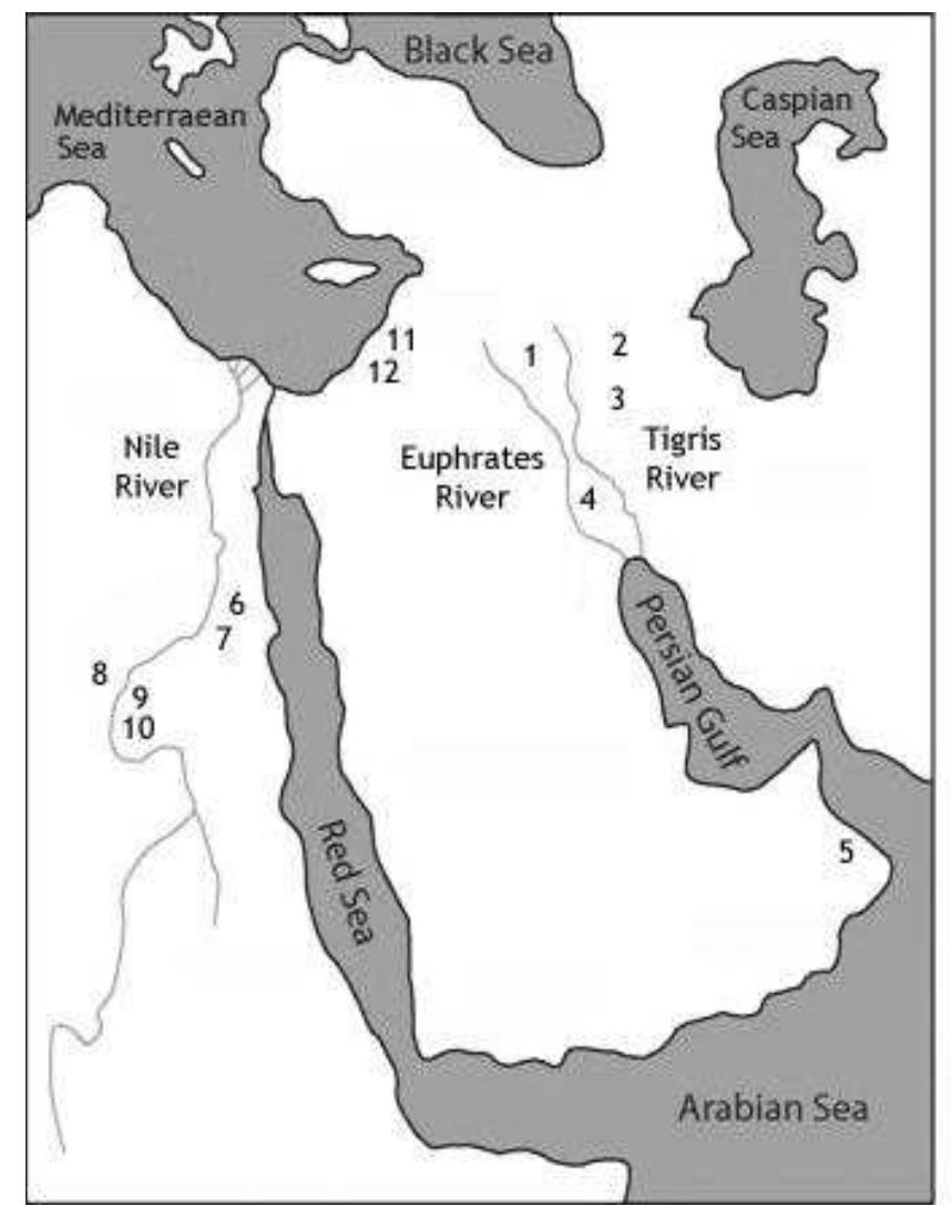 Map of the near and middle east showing the locations of