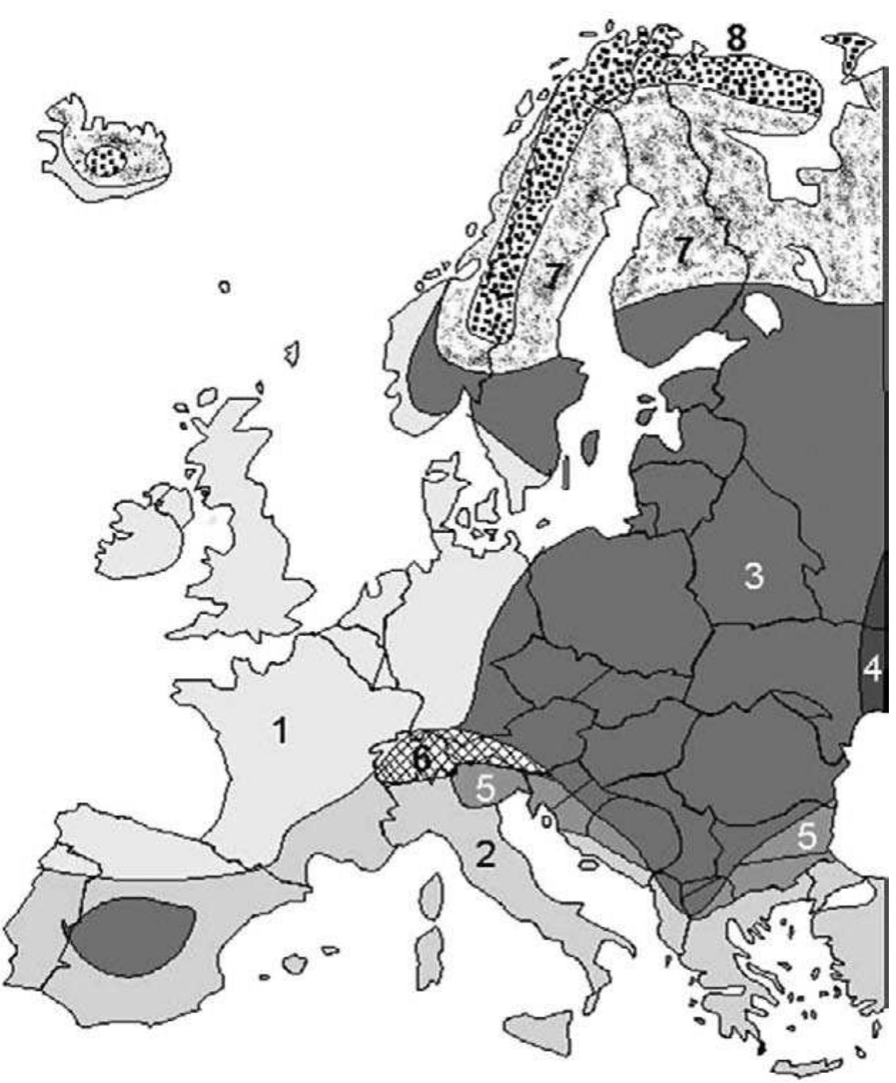 12 simplified climatic zone map of europe. 1 - temperate,