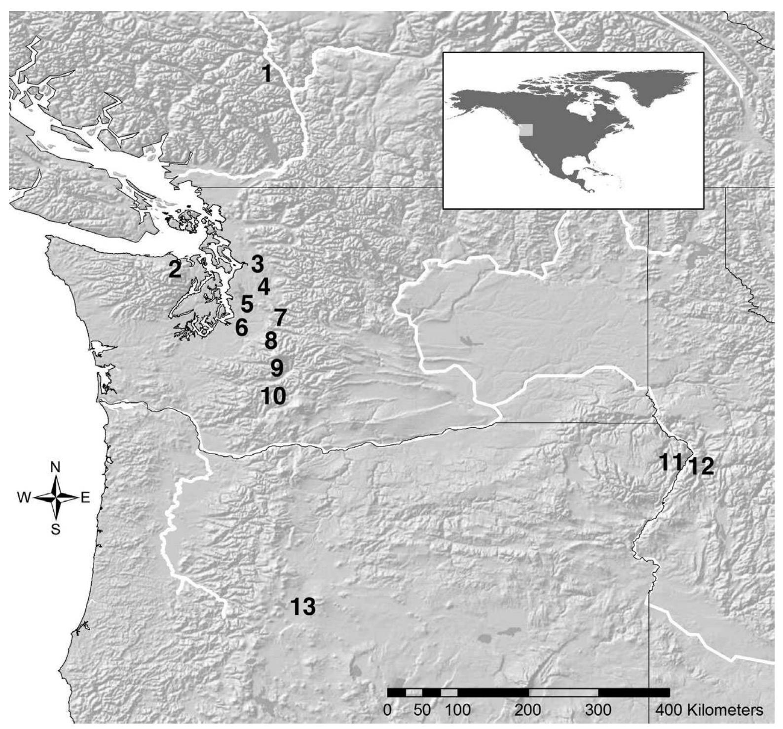 Map of the pacific northwest showing locations of sites used