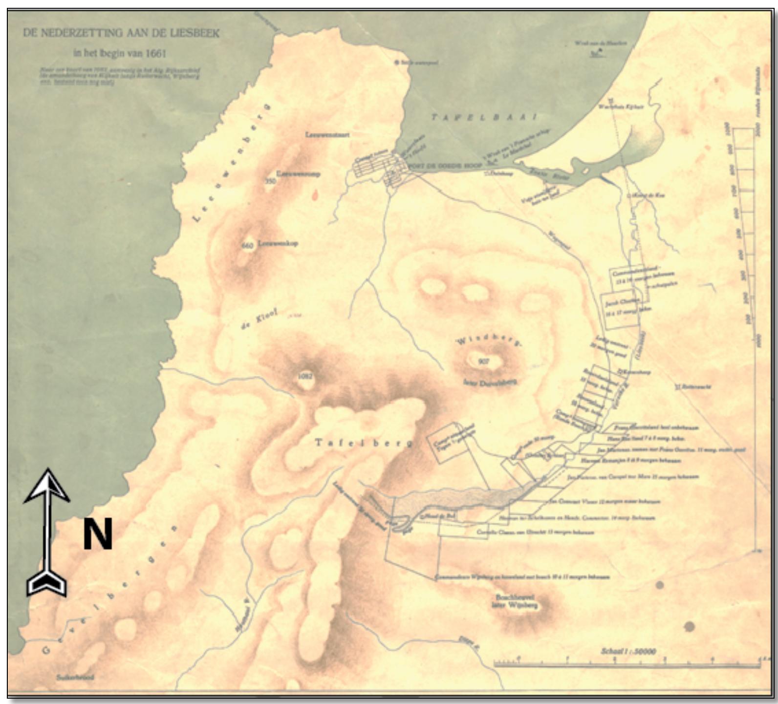 A map of the settlement in the table valley in 1661 (m1 381