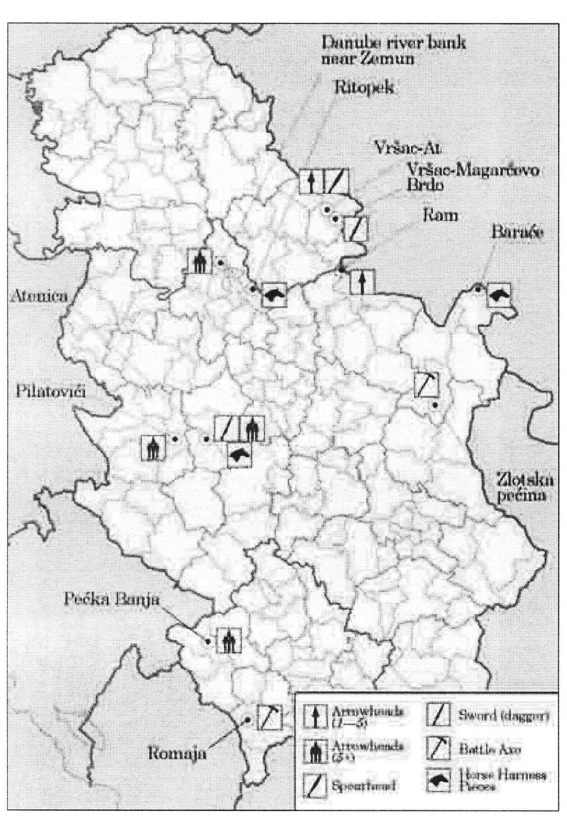 Map of archaeological sites with scythian weapon and horse
