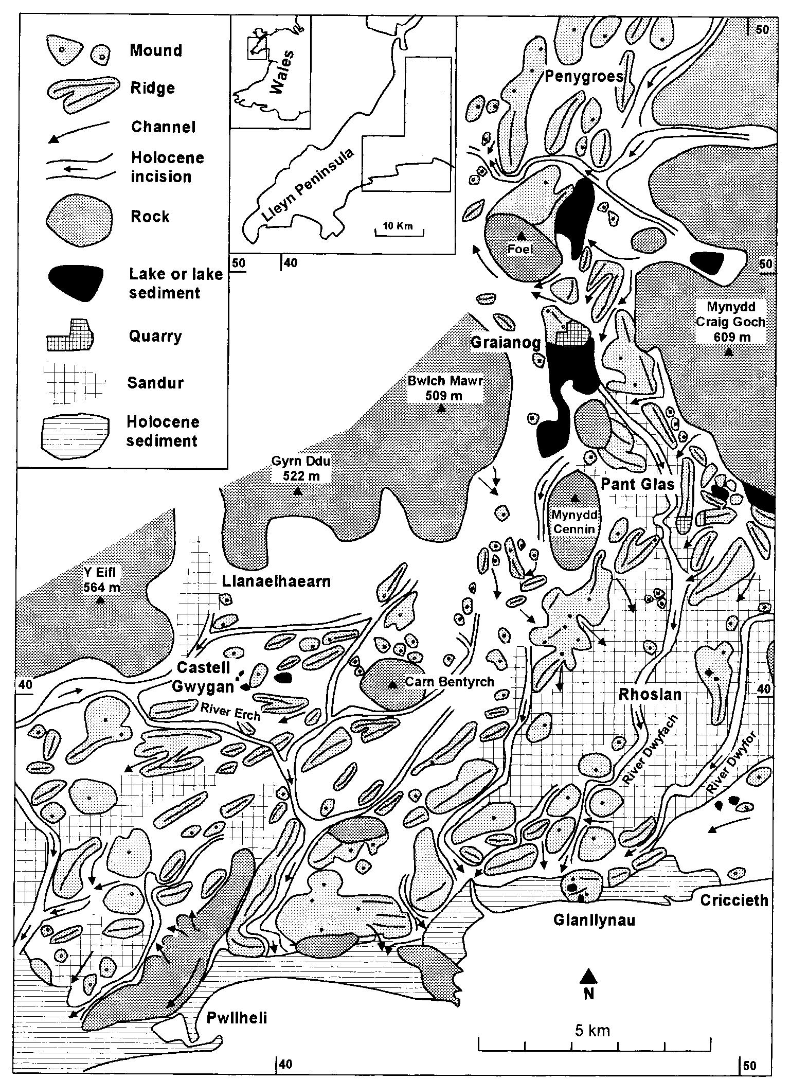 Outline geomorphological map of eastern lleyn showing