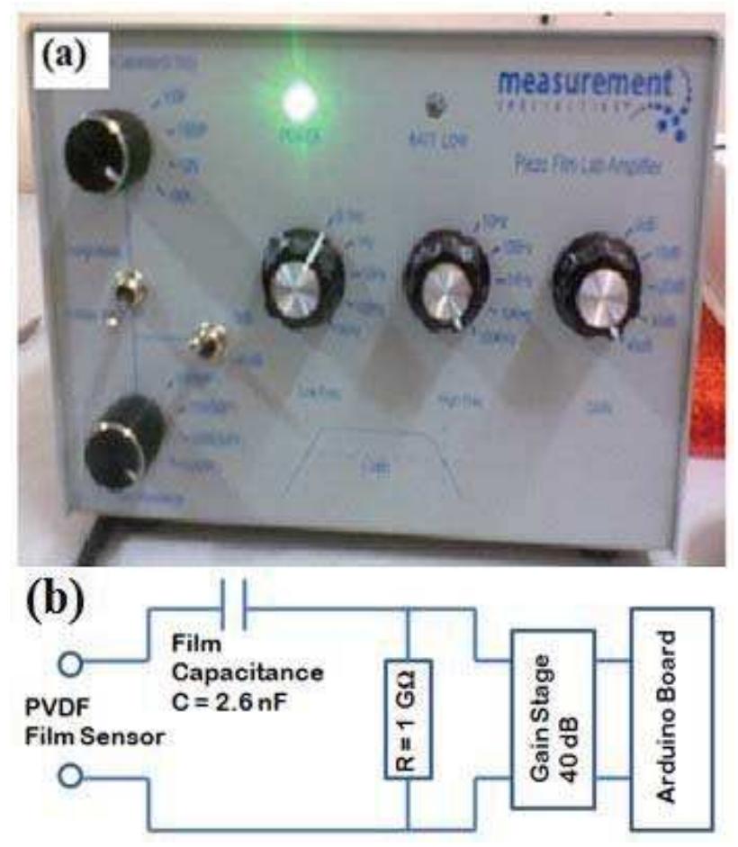(a) piezo film lab amplifier; (b) circuit diagram schematic