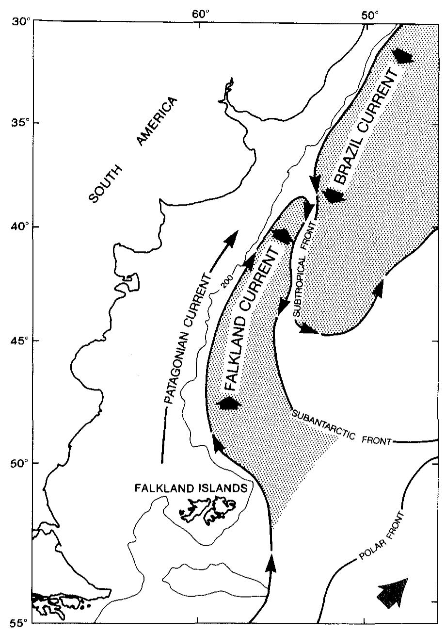 Map of patagonian shelf region showing direction of flow of