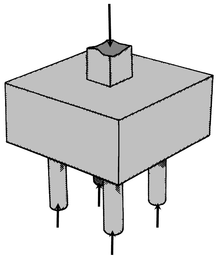 A pile cap typically shows large dimensions in all three
