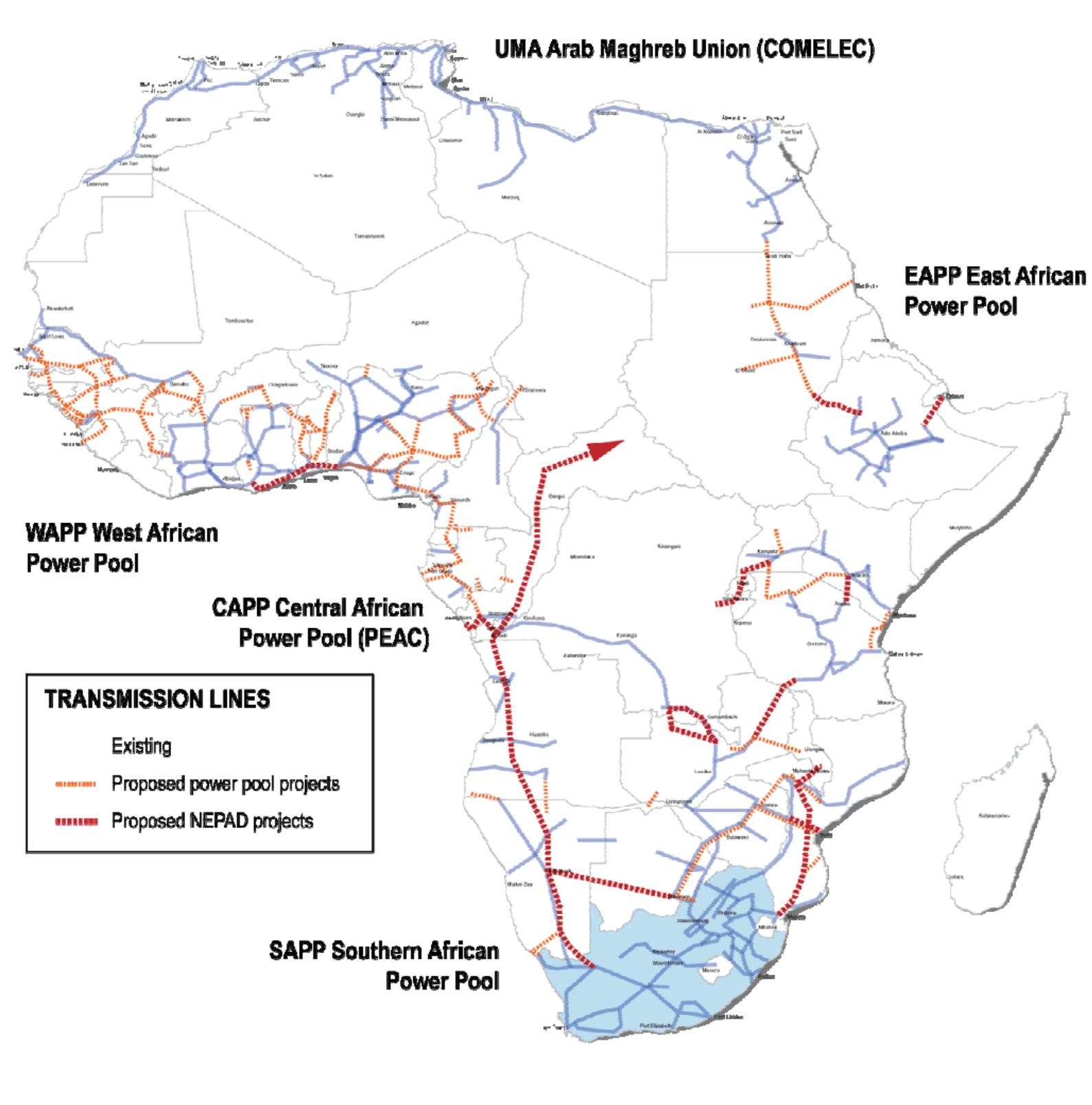 ; map of african electricity grid, showing the various