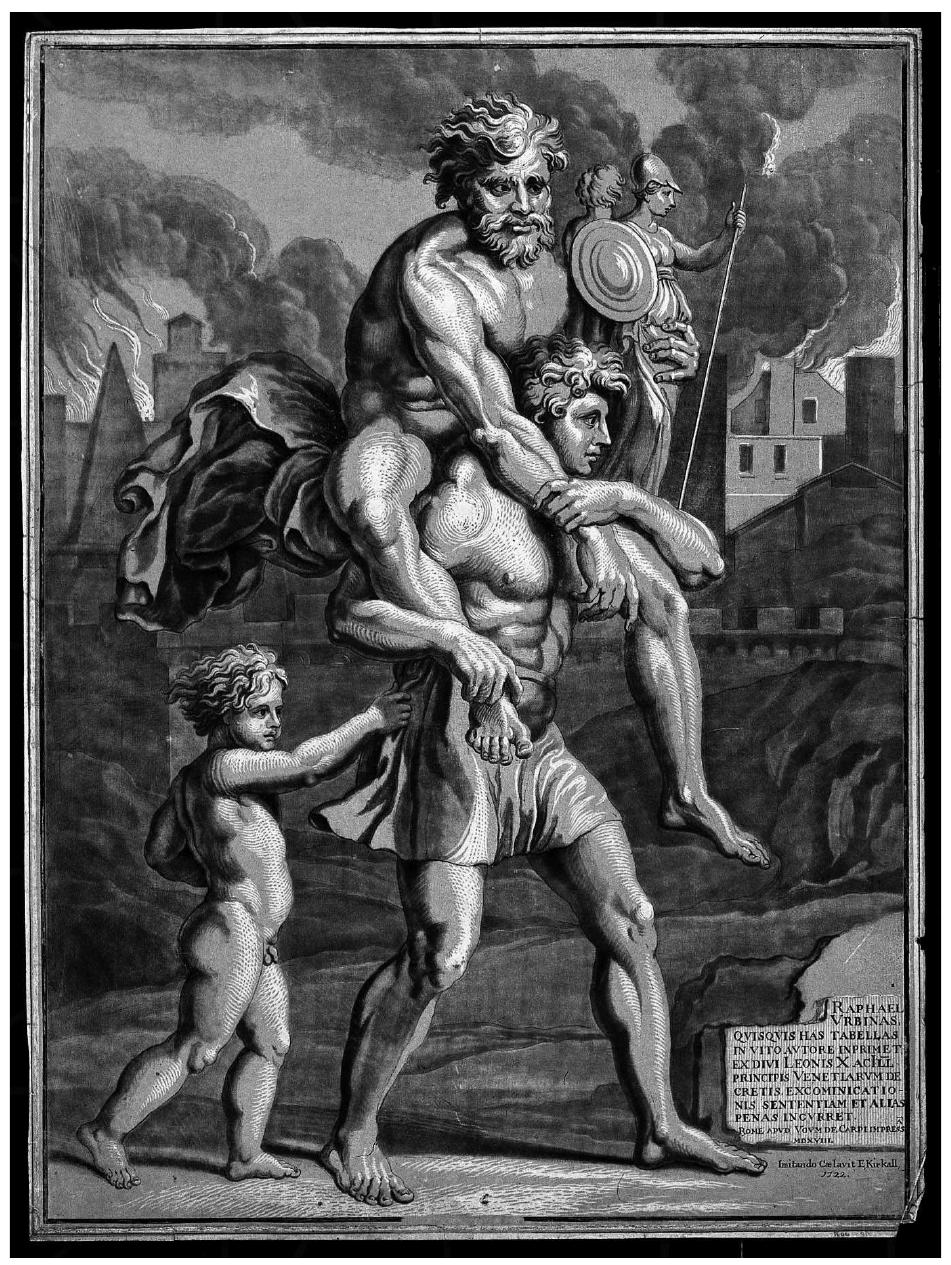 Aeneas carrying his father anchises on his shoulders holding