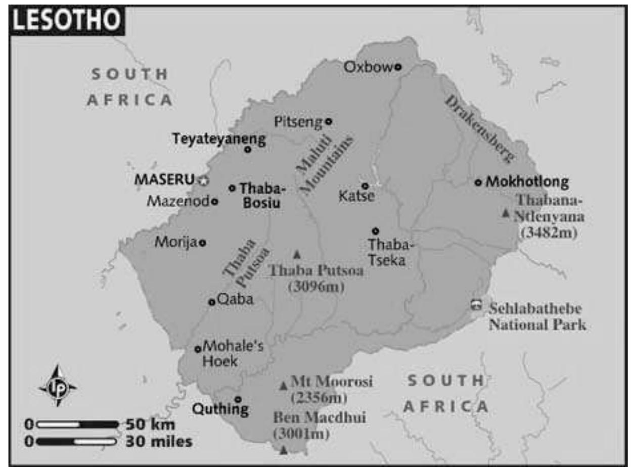 Map of lesotho showing mokhotlong in the east and morija in