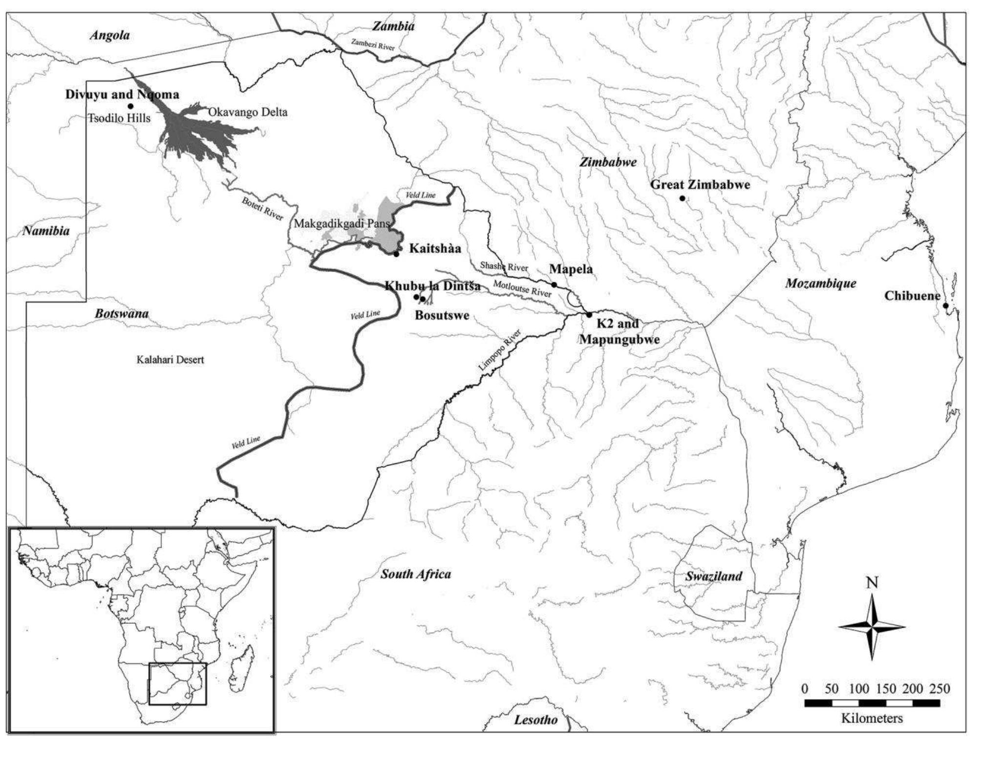 Map of the archaeological sites, rivers, and major