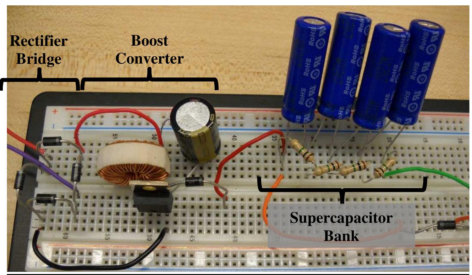 Photograph of rectifier bridge, boost converter and
