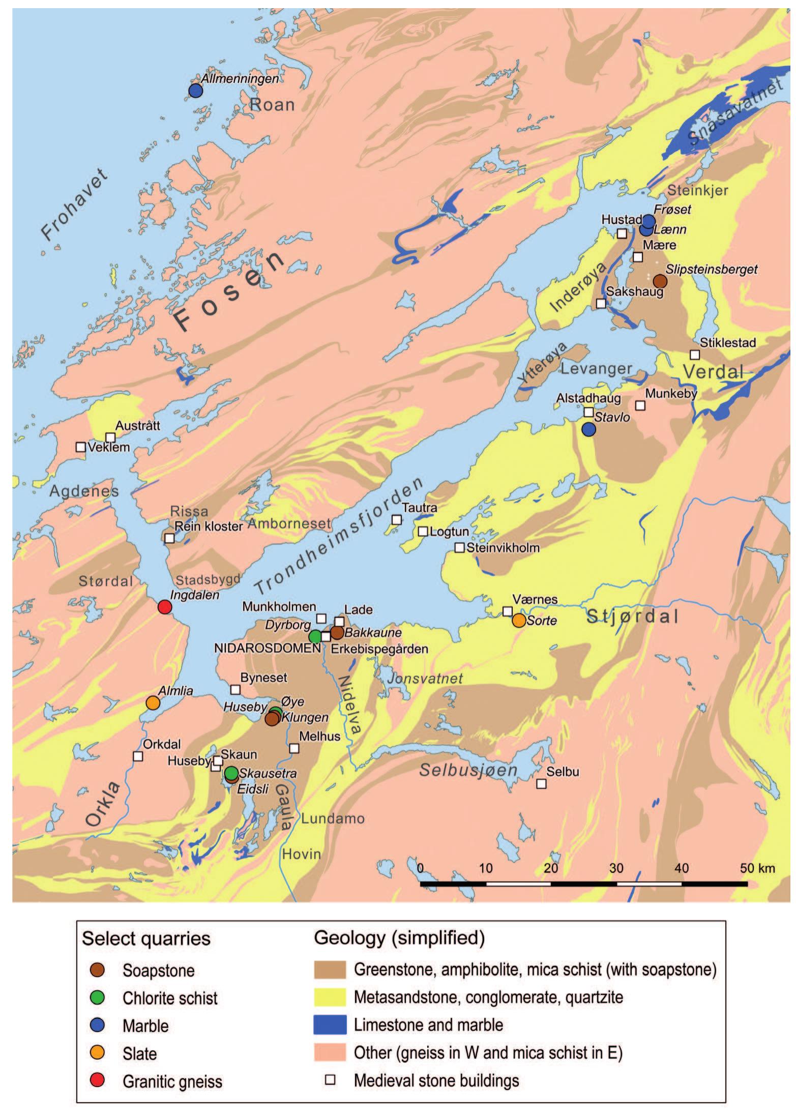 Simplified geological map of the trondheim region with the