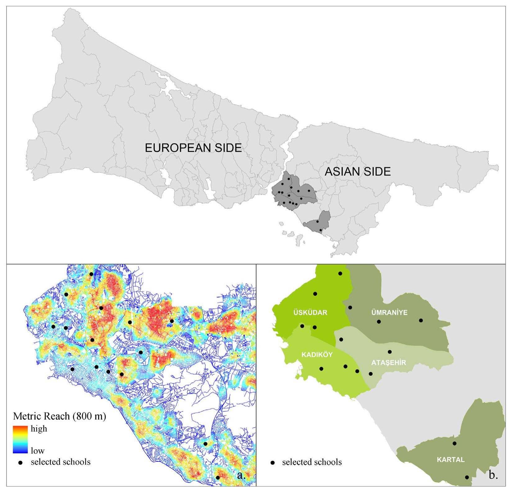 Locations of surveyed schools. maps are colored based on (a)