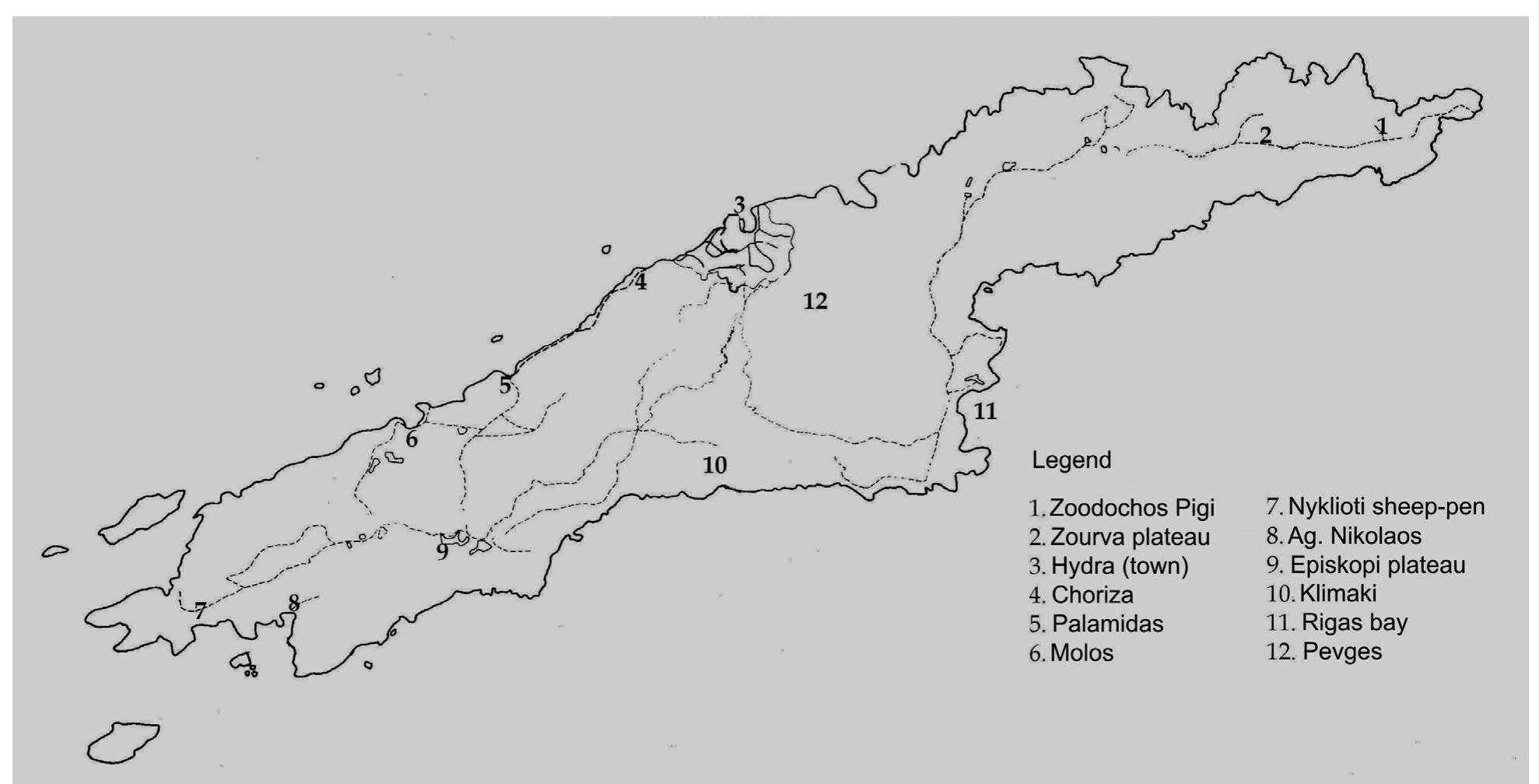 Map of hydra, with main mycenaean sites. vanderpool, c.