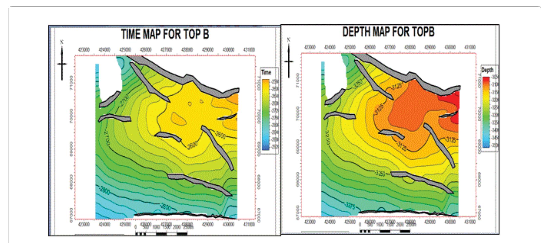 Structural time map and depth map for reservoir. figure 6: