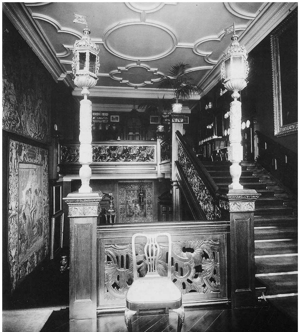Plate 19: ‘the grand staircase, of carved oak, was designed