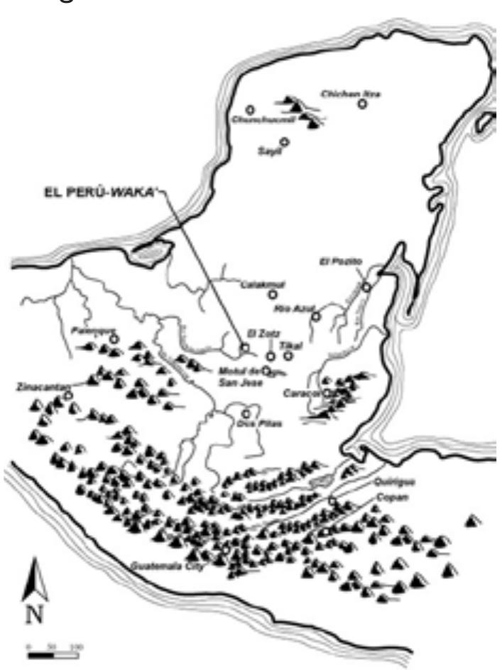 Ei peru-waka' indentified on a map of the mayalands,