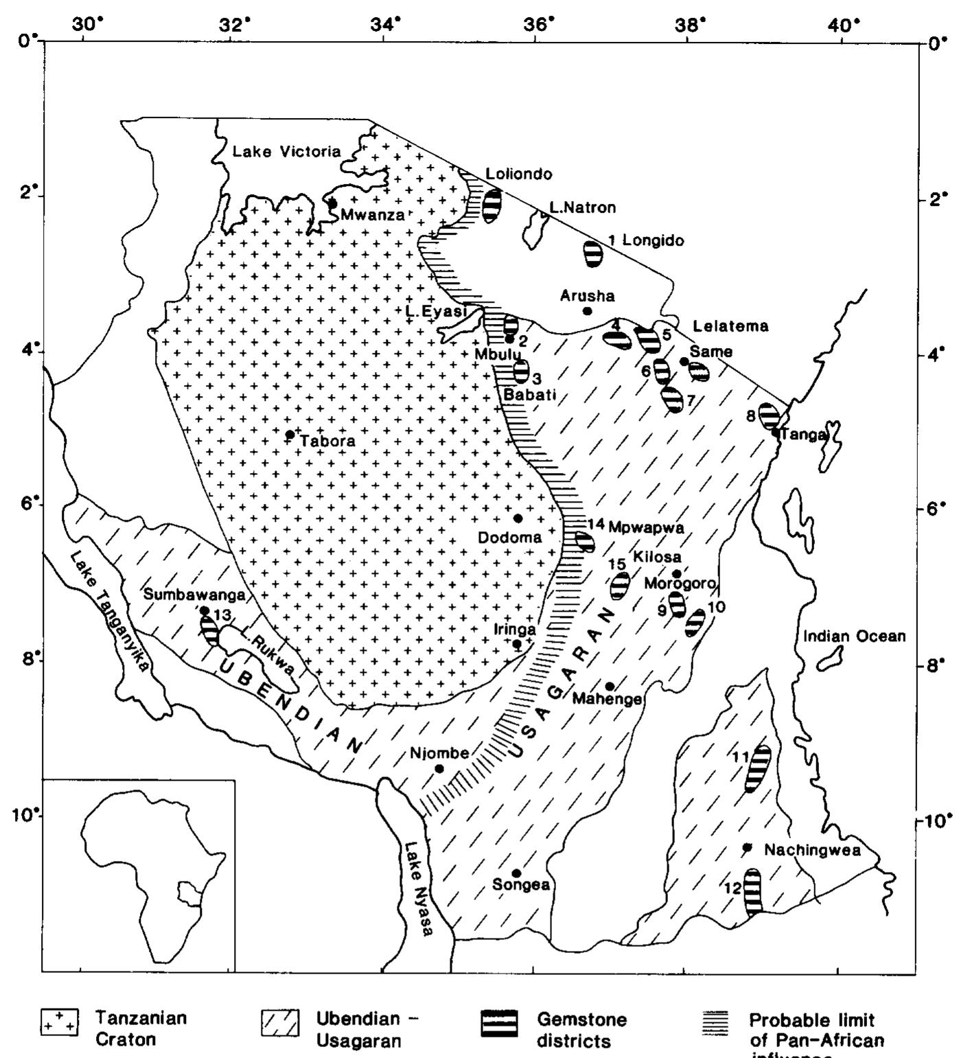 Sketch map showing gemstone mineralization in the mozambique