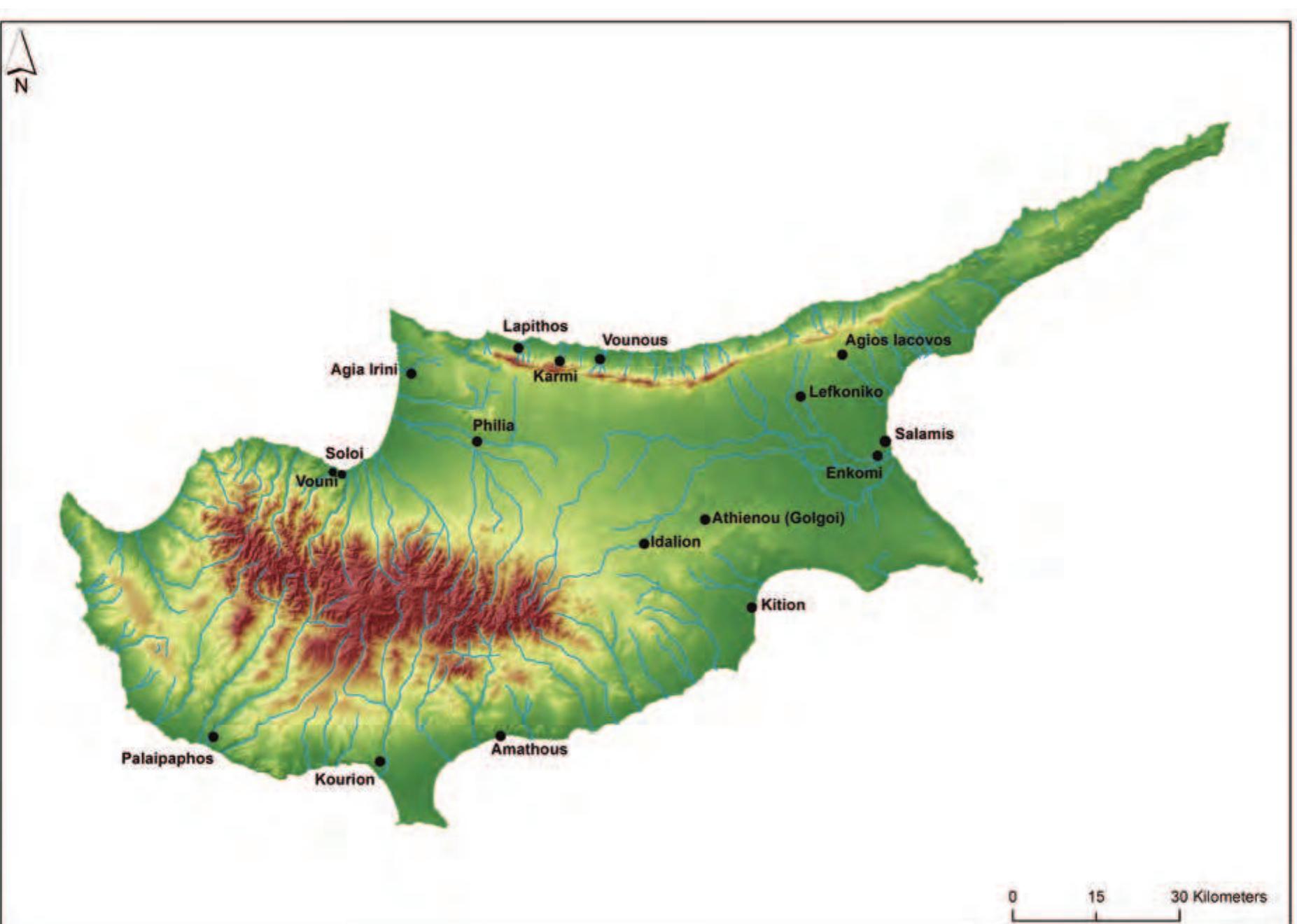 Map of cyprus with the sites mentioned in the text, produced