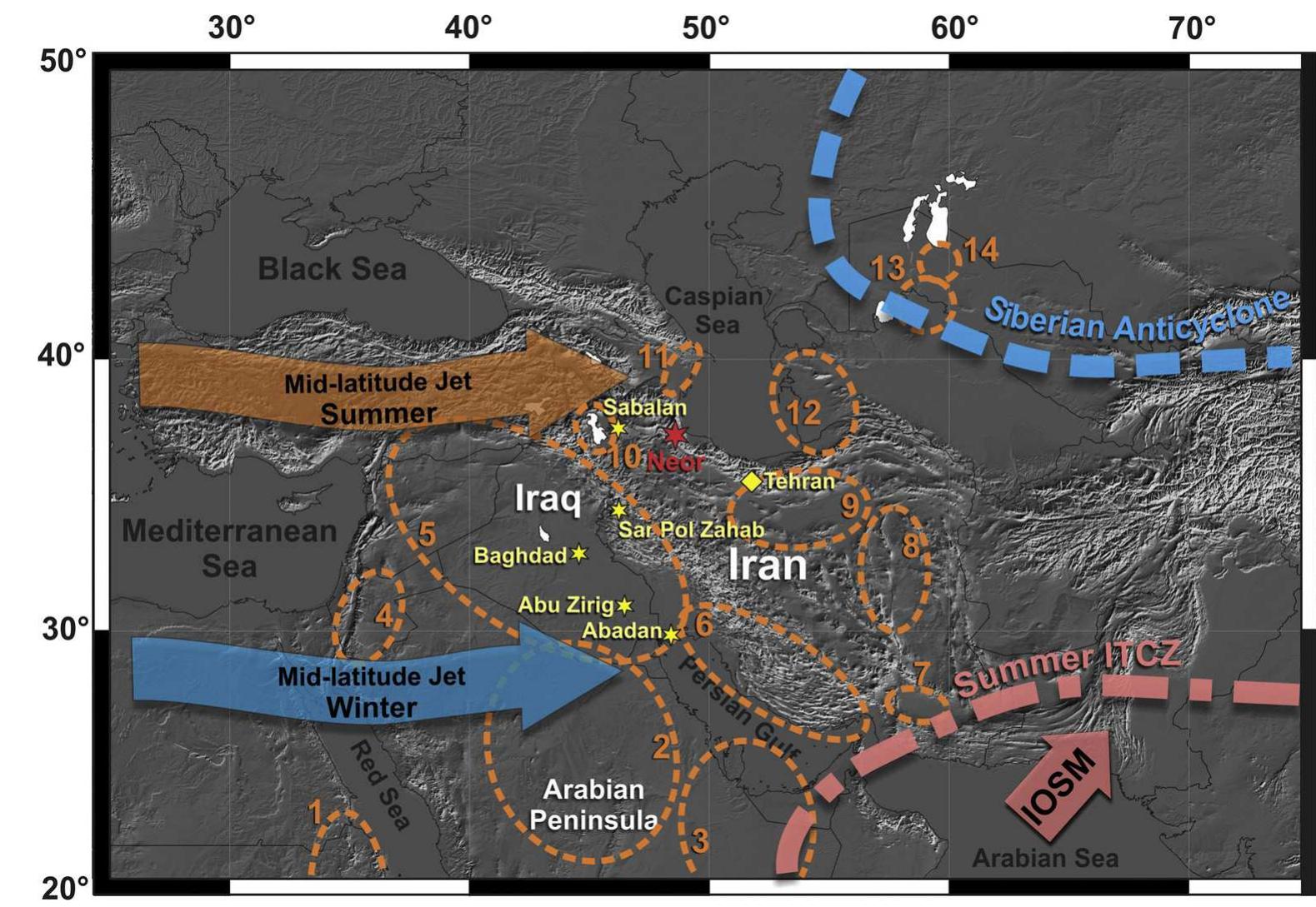 Schematic position of major synoptic systems and dust