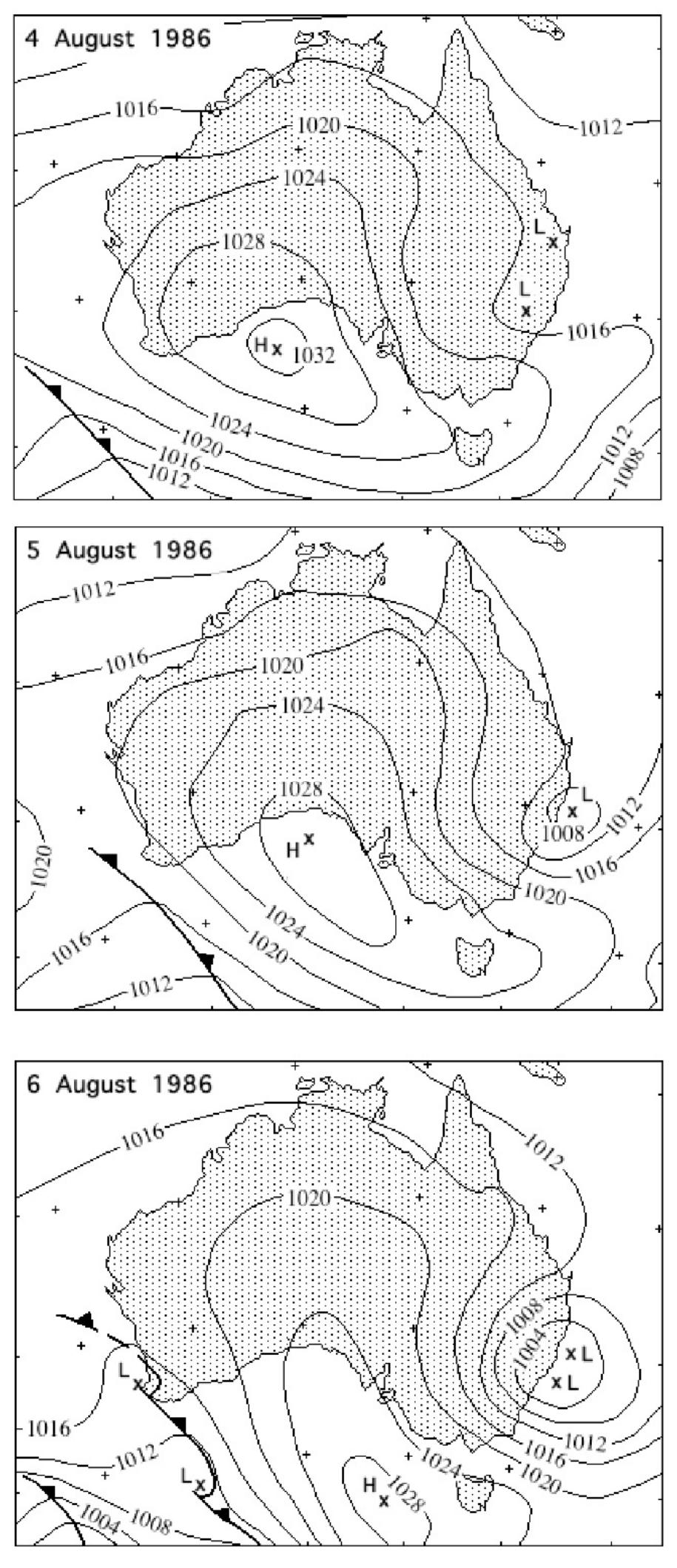 Synoptic pressure chart for 4-6 august 1986 illustrating the
