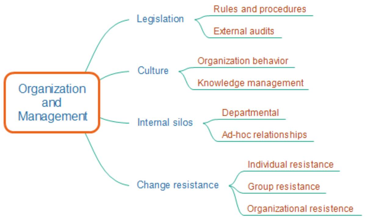 Mind map of "organization and management" dimension
