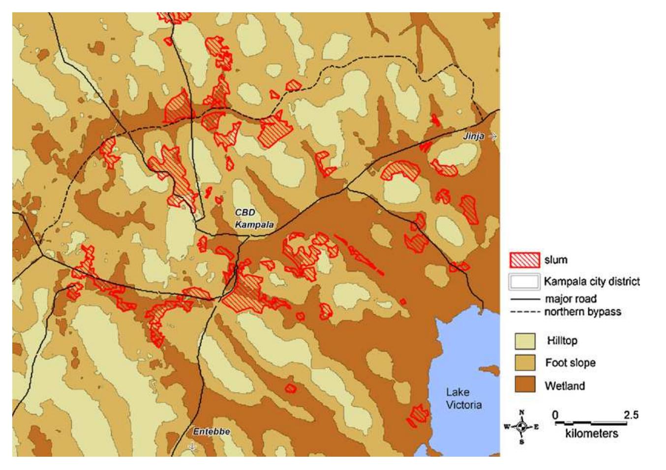 Location of slums in relation to wetlands. the main wetlands