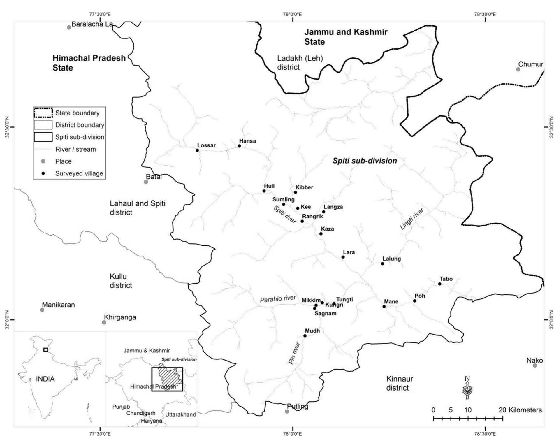 Map of the spiti valley, marking the 19 villages sampled for