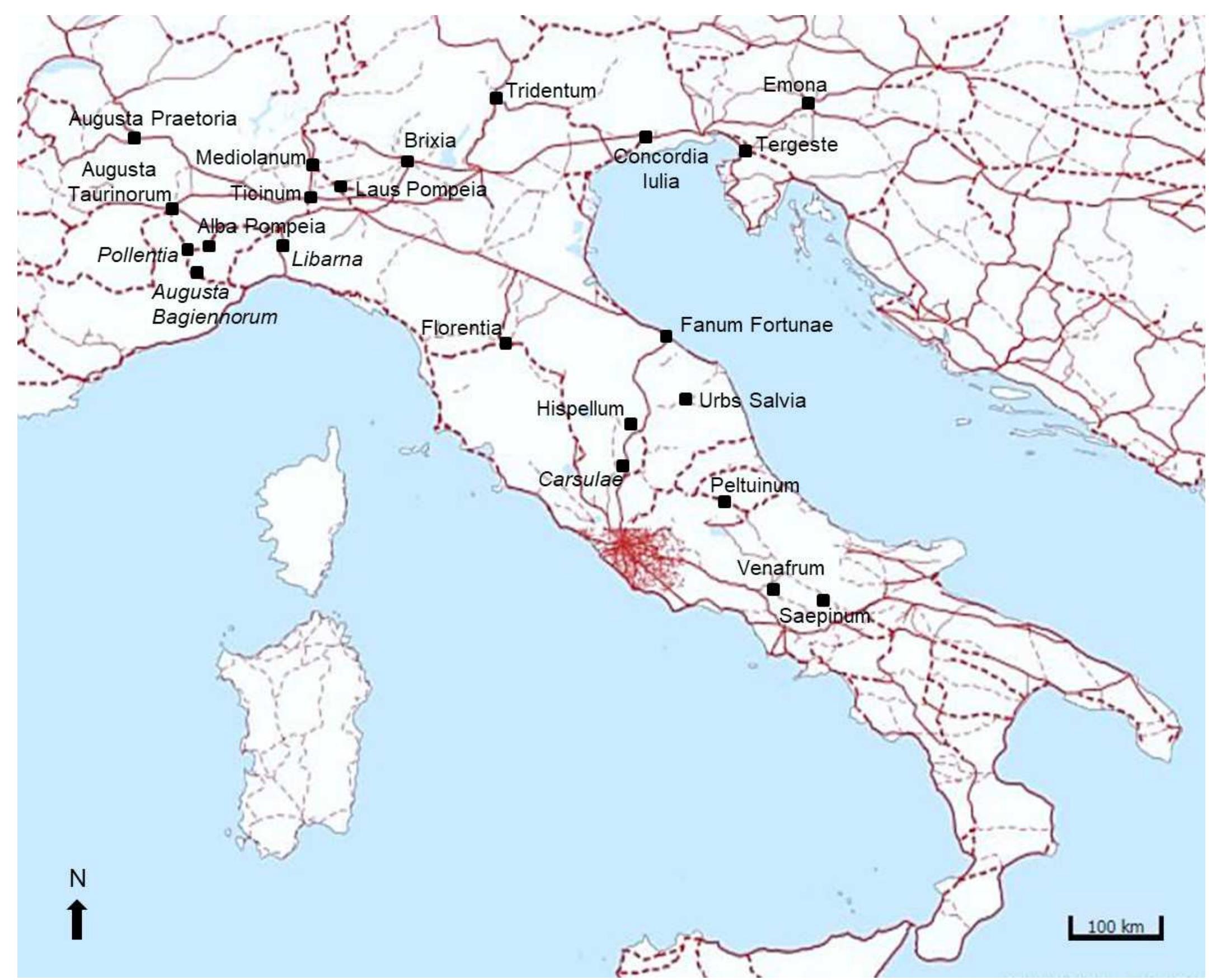 Map showing location of augustan city walls. cities without