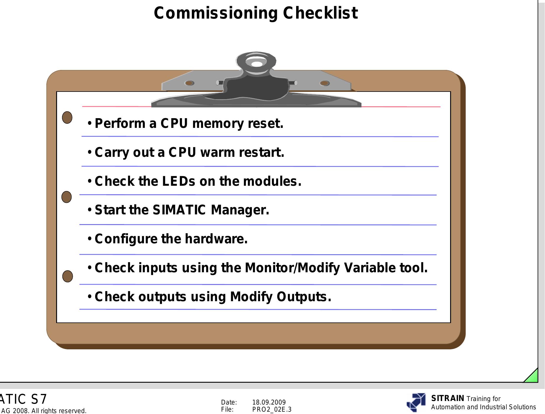 The checklist shows the individual preparatory steps for