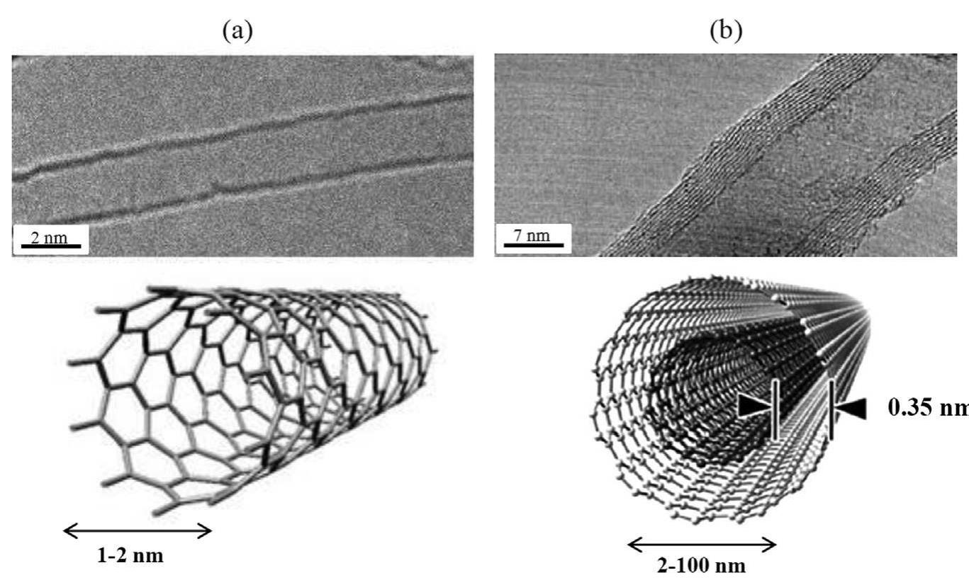 Tem images and schematic illustrations of cnt types showing