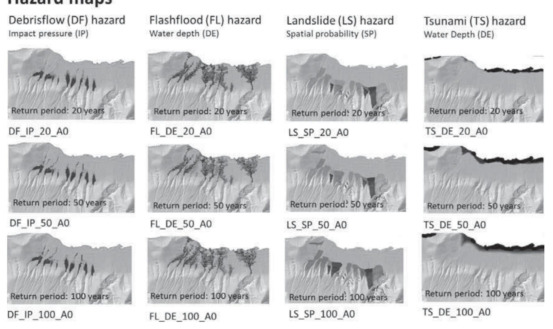 13 hazard intensity maps for 4 hazard maps (debrisflows,