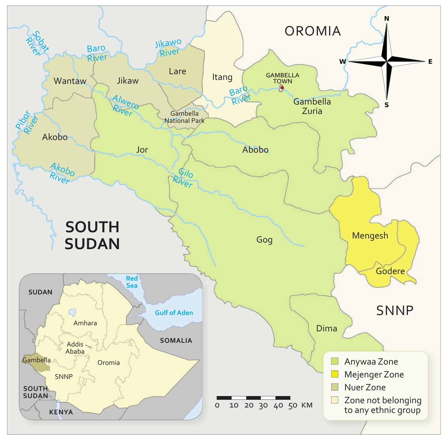 Map 2. zones, woredas and rivers in gambella region. based