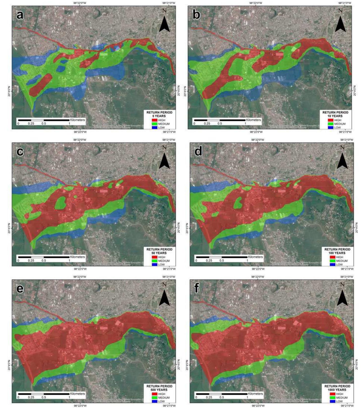Hazard flooding maps at tulancingo. (a) hazard map for the
