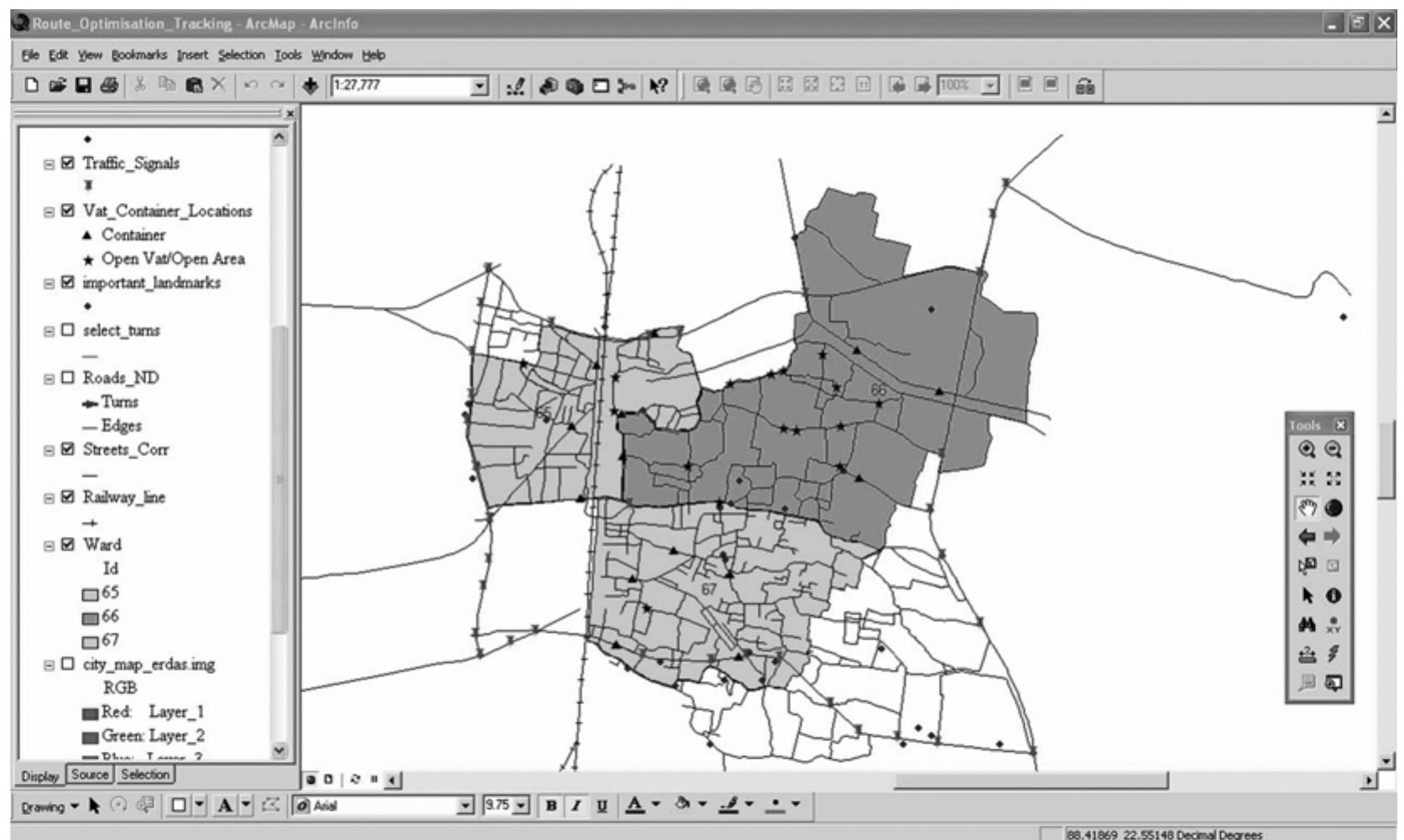 Arcmap file (route_optimisation.mxd) showing different