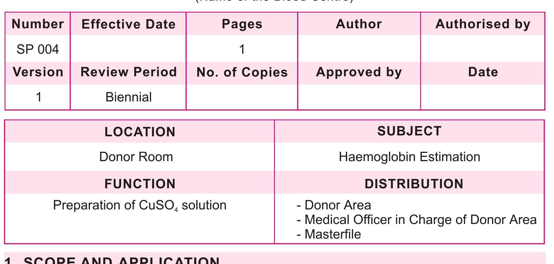 Figure 4 - Model STANDARD OPERATING PROCEDURES for BLOOD