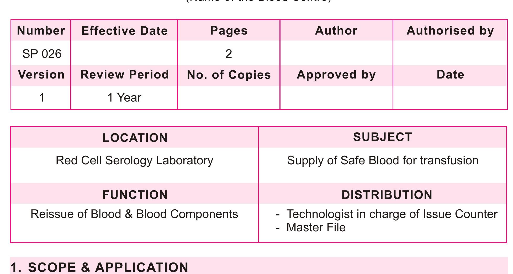 Figure 30 - Model STANDARD OPERATING PROCEDURES for BLOOD