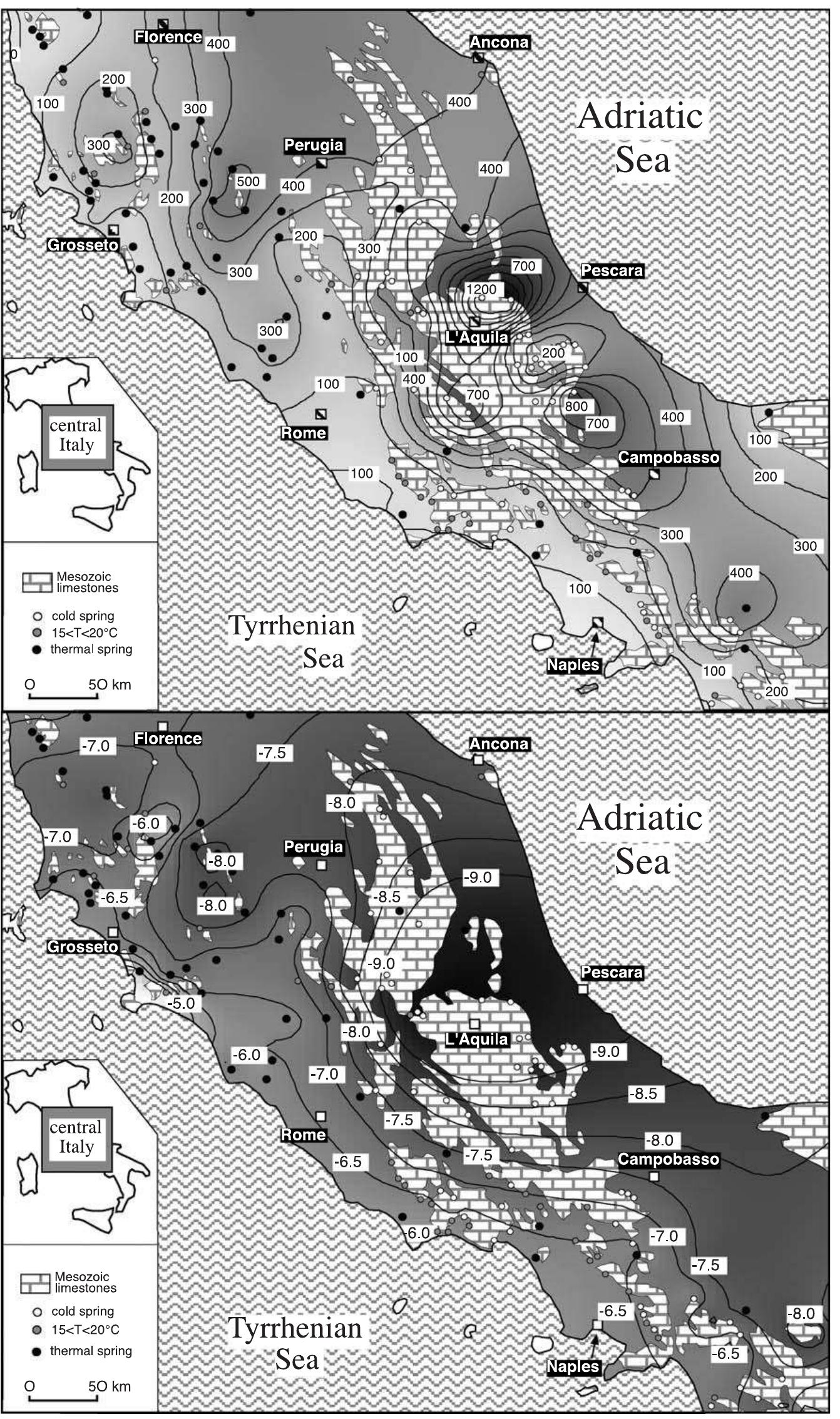 Isodistribution maps of discharging elevation (top) and 6'°o