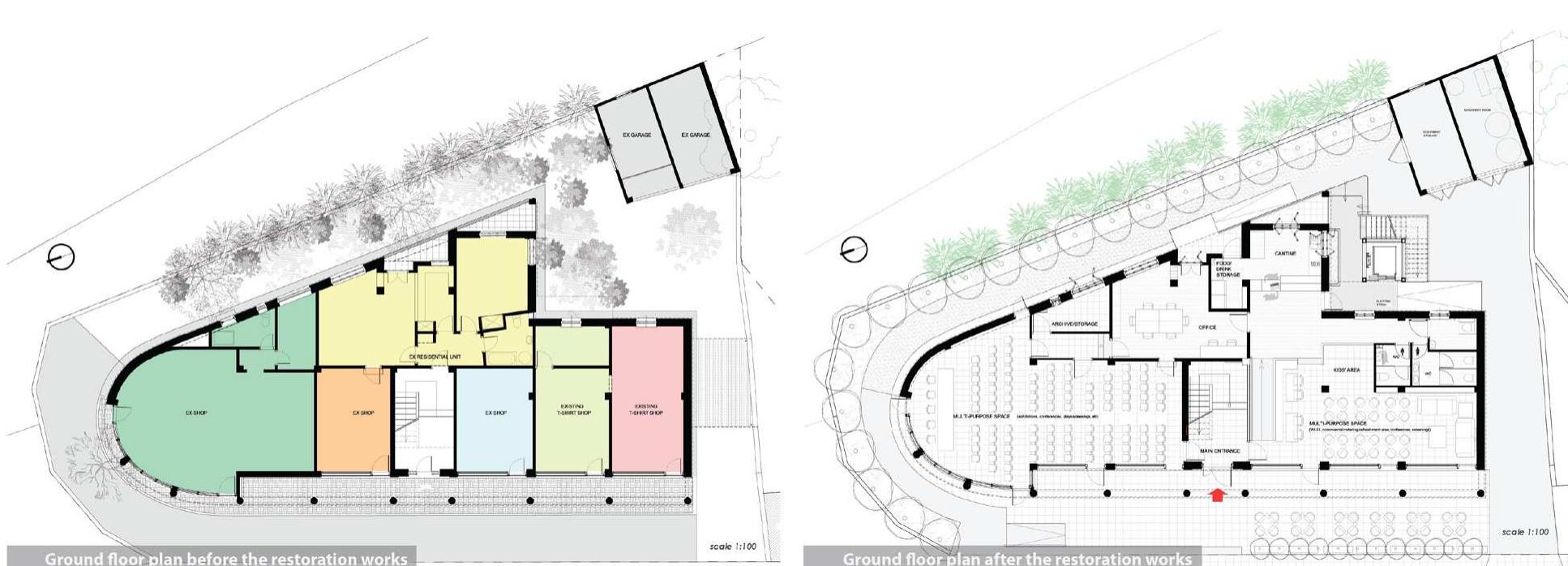 A: ground floor plan, before and after the restoration works