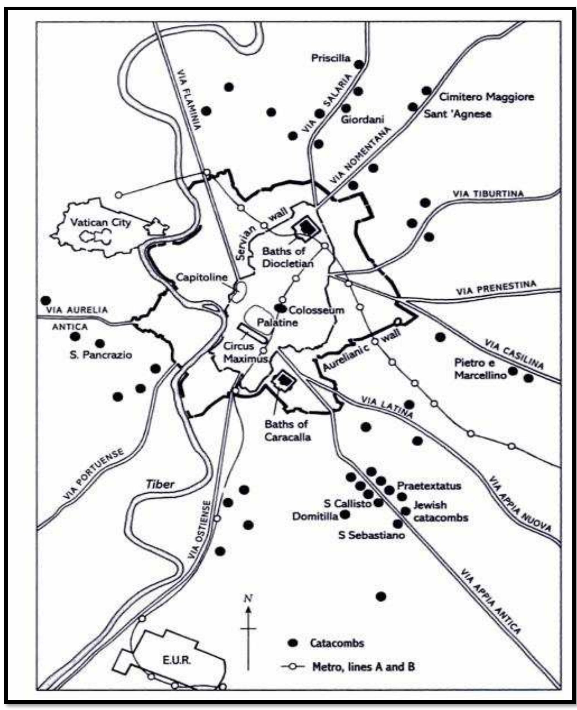 Map of rome showing catacombs littered around the city