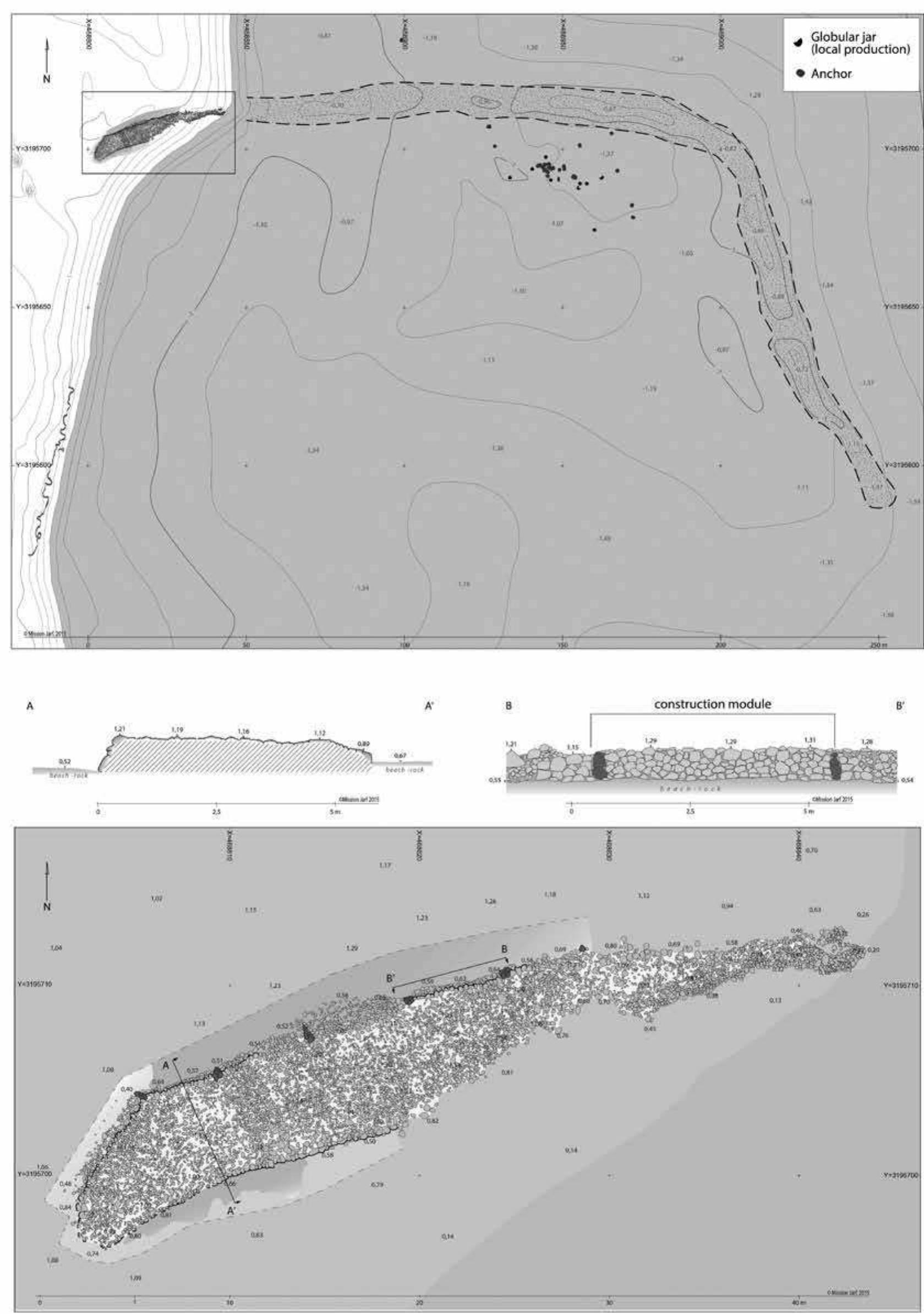 Map of the submerged section of the breakwater (above) and