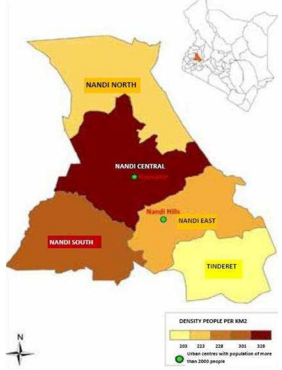 Map of nandi county showing its position relative to the