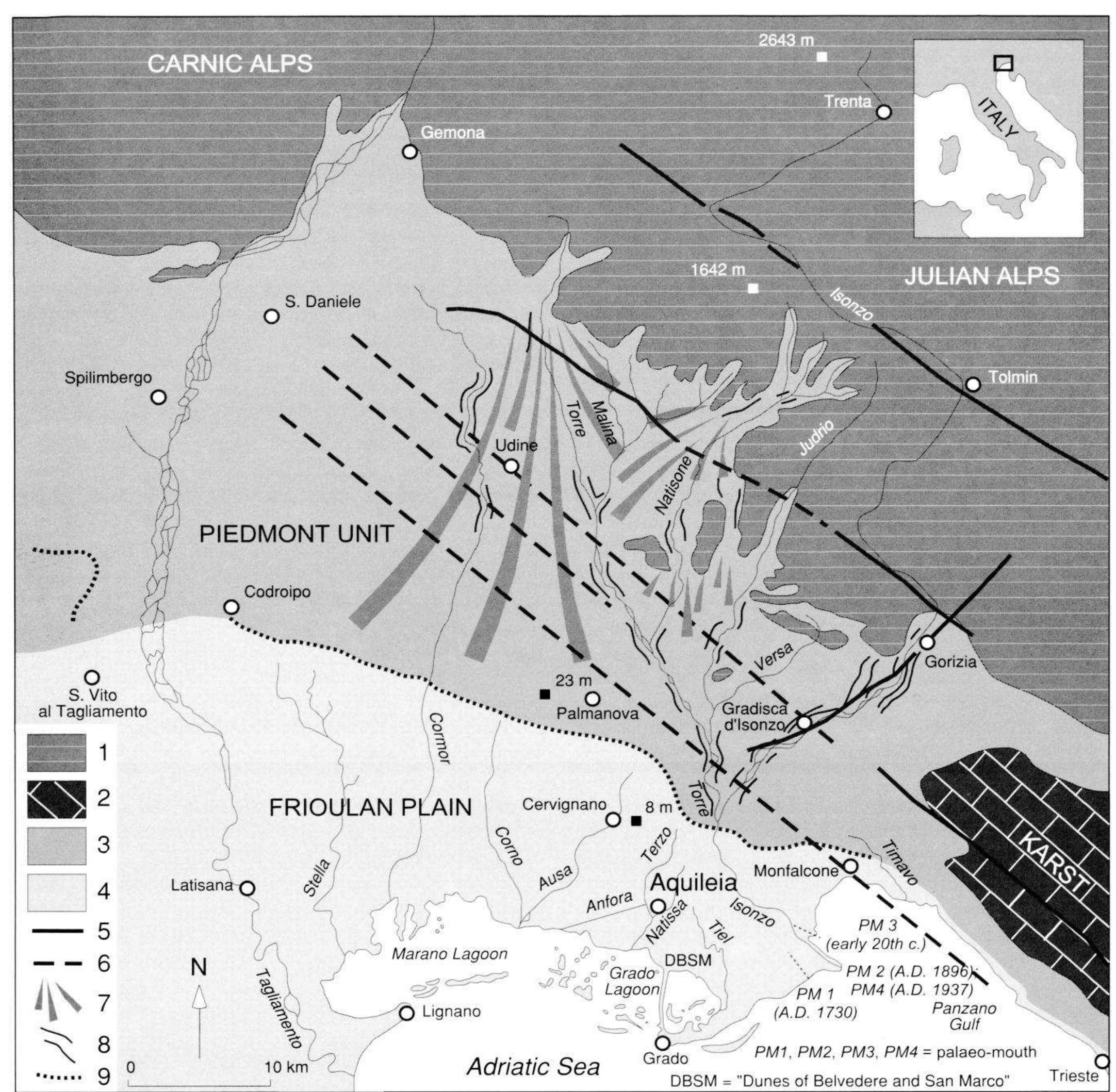 map of the aquileia deltaic plain and its region. 1: