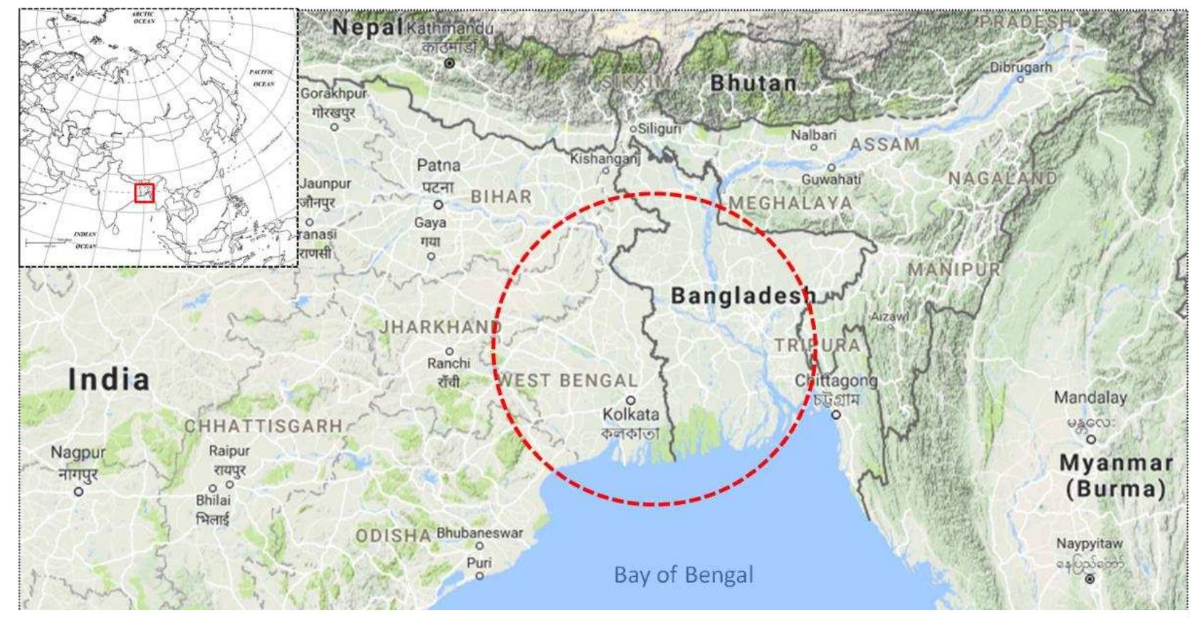 Location and basic topography of bengal delta in a long