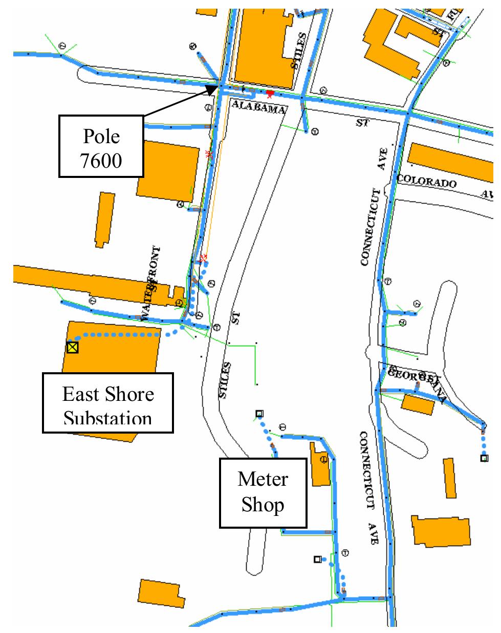 Map of feeder 1709 with locations of meter shop, east shore
