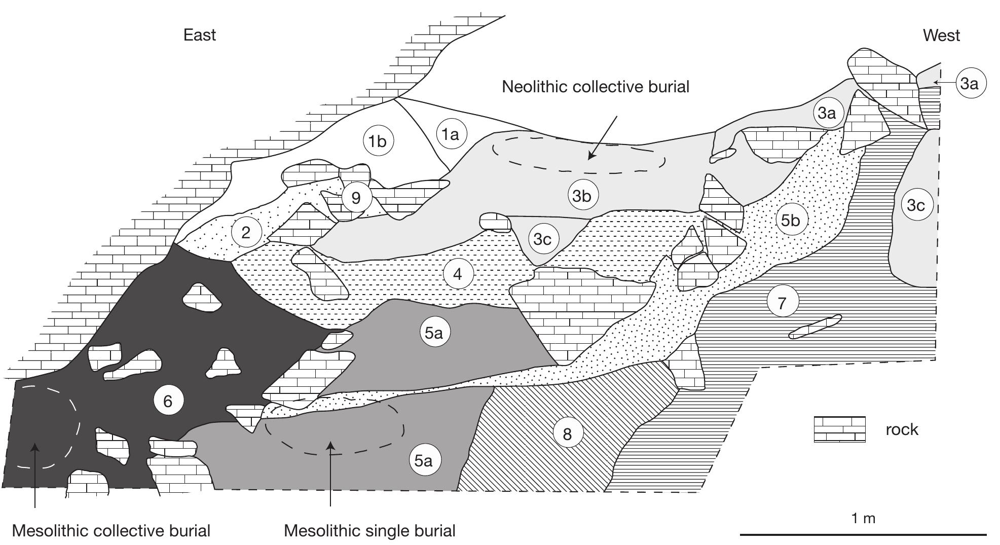 stratigraphy of abri des autours, east-west profile