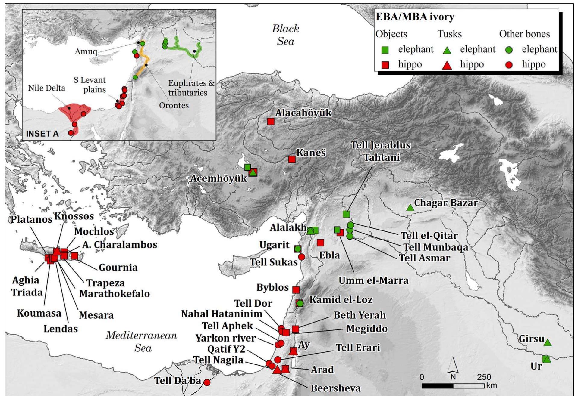 Map of early bronze age and middle bronze age ivory objects,